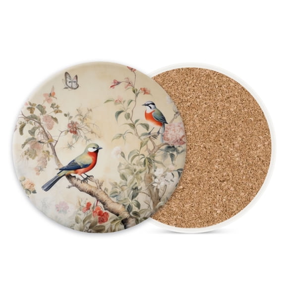 1 Pcs Coffee Cup Coasters for Drinks, Two Birds on Branches Round ...