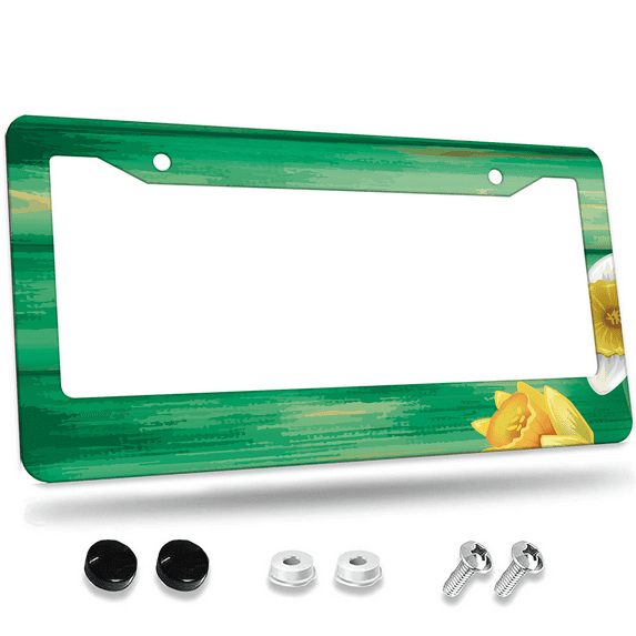 1 Pcs Daffodil on Green Wood License Plate Frame, License Plate Cover ...
