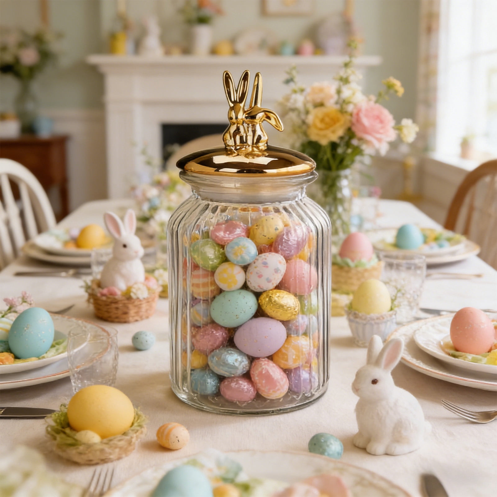 1 Pcs Easter Glass Jar with Lid Large Bunny Ear Egg Candy Jar Clear ...