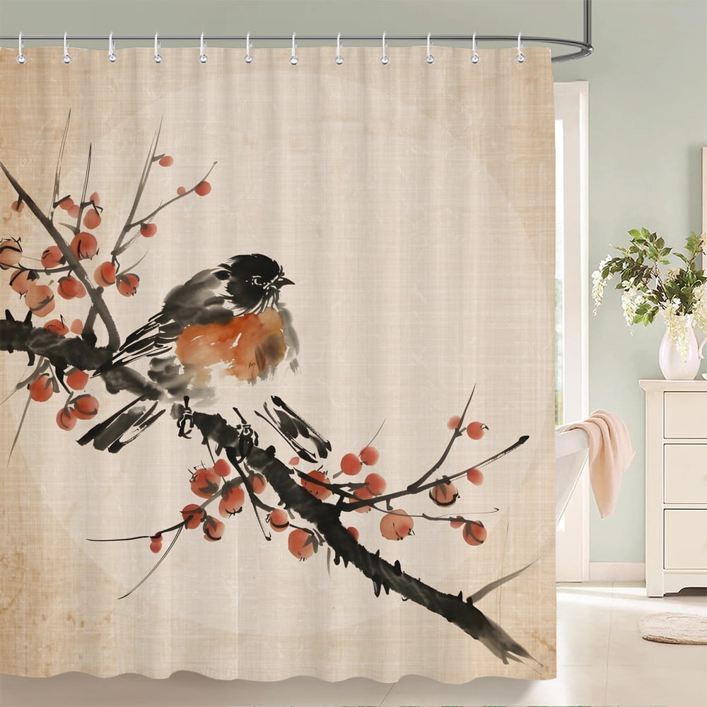 1 Pcs Flowers Shower Curtain Printed Chinese plum blossom and bird ...