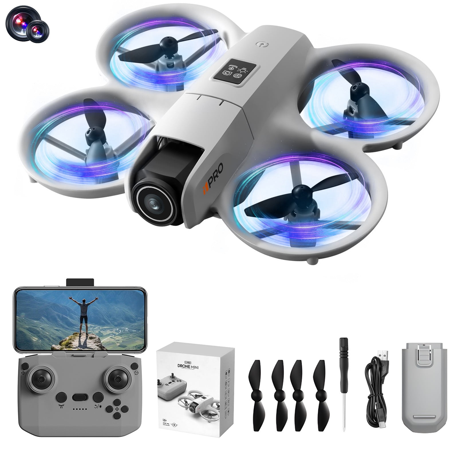 1 Pcs LED Drone with Adjustable Camera, Altitude Hold, 360° Flip, WiFi ...