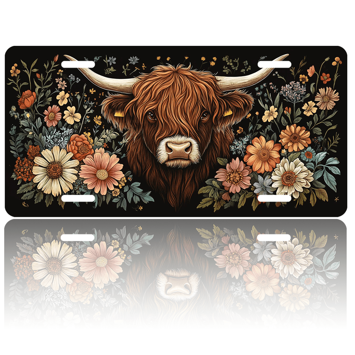1 Pcs License Plate Covers & Frames, Highland Cow Surrounded by Flowers ...