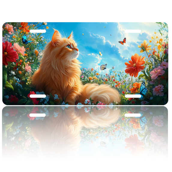 1 Pcs License Plate Covers & Frames, Orange Cat in a Flower Field For ...