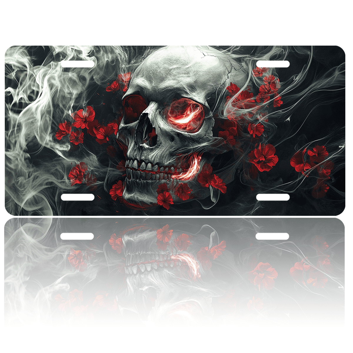 1 Pcs License Plate Covers & Frames, Skull with Red Flowers and Smoke ...