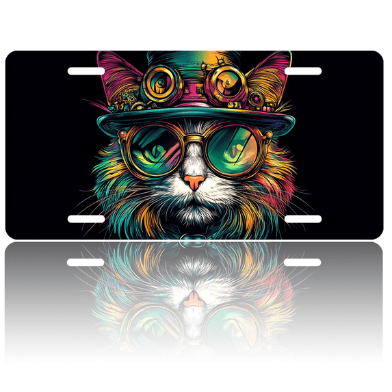 1 Pcs License Plate Covers & Frames, Steampunk - inspired Colorful Cat ...