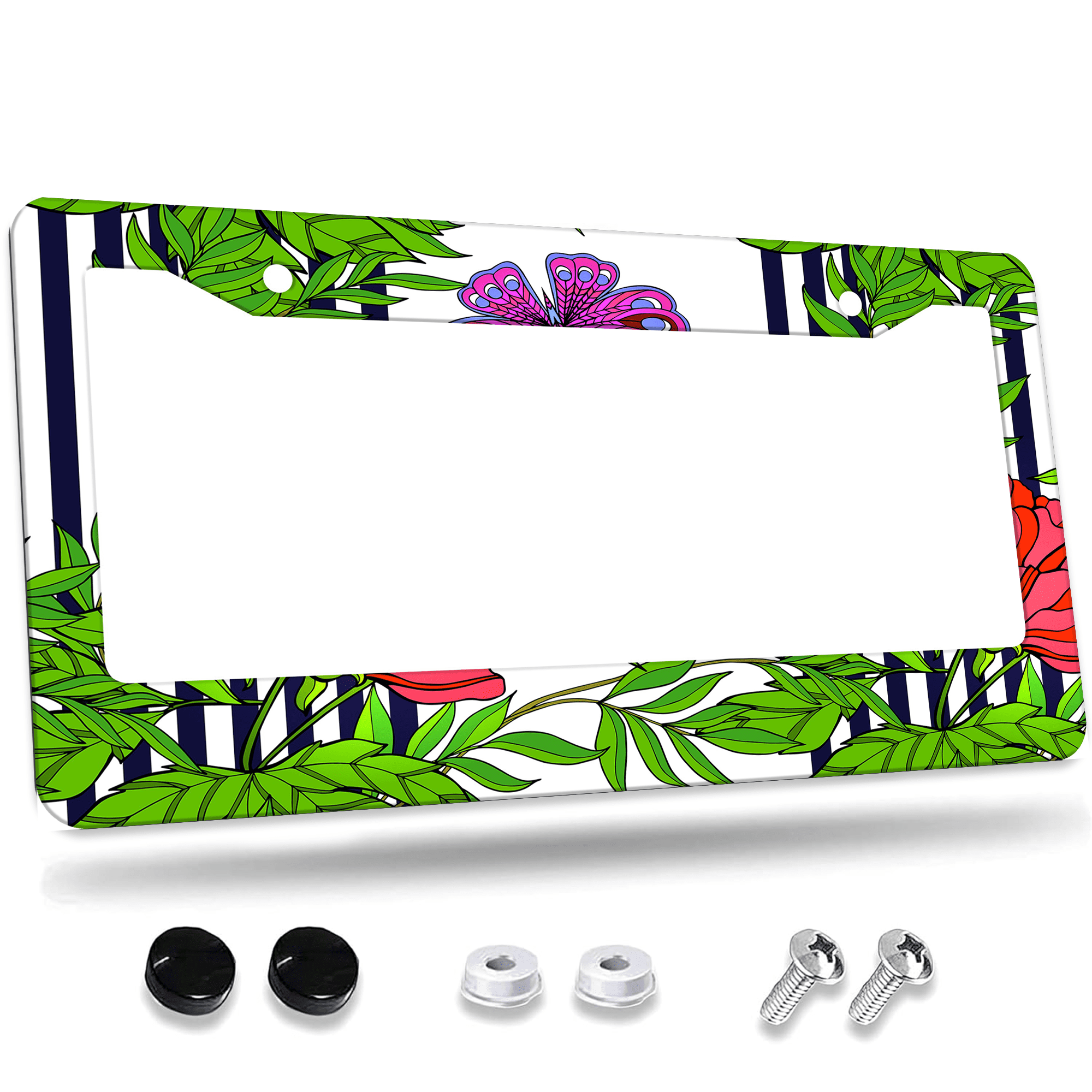 1 Pcs Peonies,Butterfly and Stripes License Plate Frame, License Plate ...