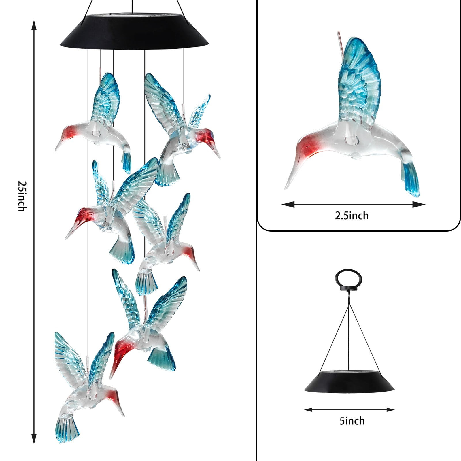 1 Pcs Solar Hummingbird Wind Chime Lights - 7 Color Changing LED ...