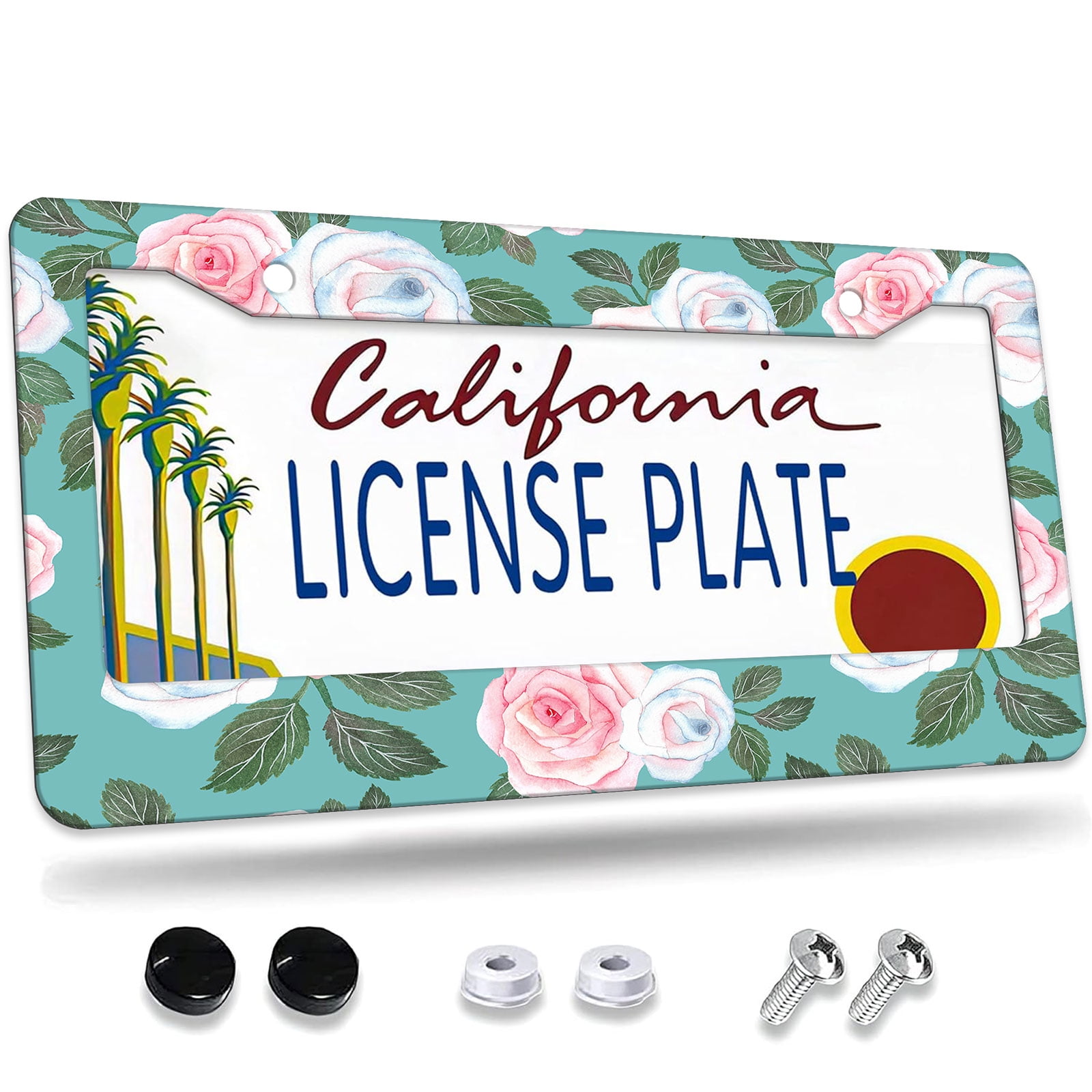 1 Pcs Watercolor Pink Roses on Teal Background License Plate Frame ...
