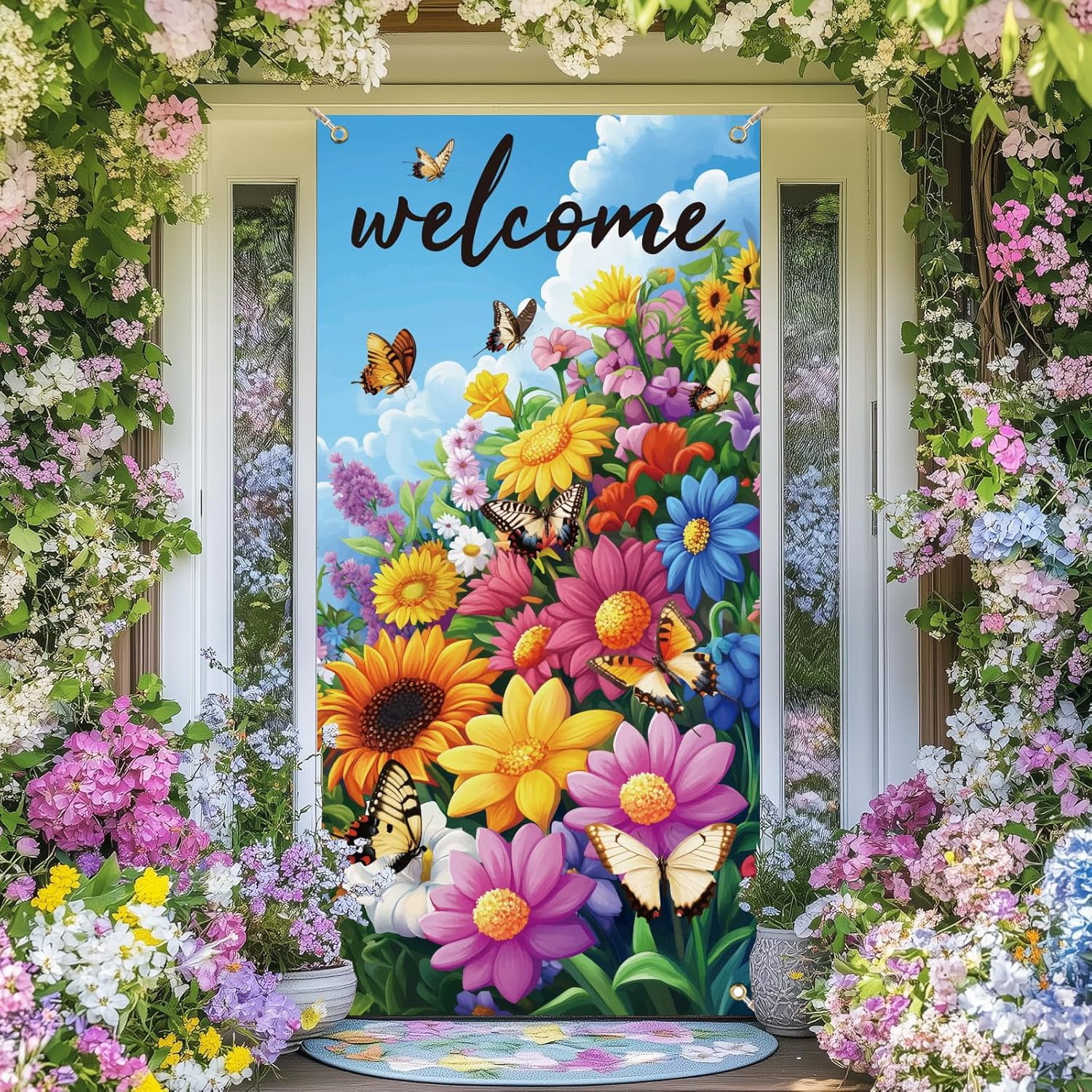1 Pcs Welcome Theme Door Cover Flowers Butterflies Banner Photography ...