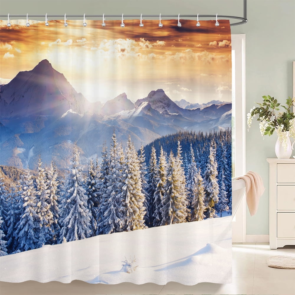 1 Pcs Winter Scenery Shower Curtain Snow Scene Printed Bathroom Curtain ...