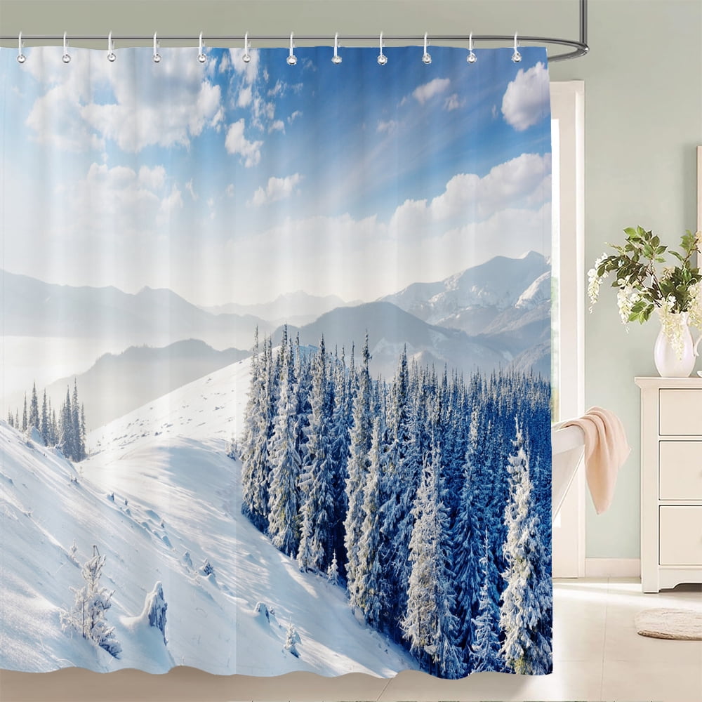 1 Pcs Winter Scenery Shower Curtain Snow Scene Printed Bathroom Curtain ...