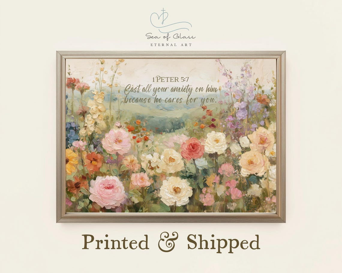 1 Peter 5:7 Bible Verse Art Print, Vintage Floral Oil Style, Cast All ...