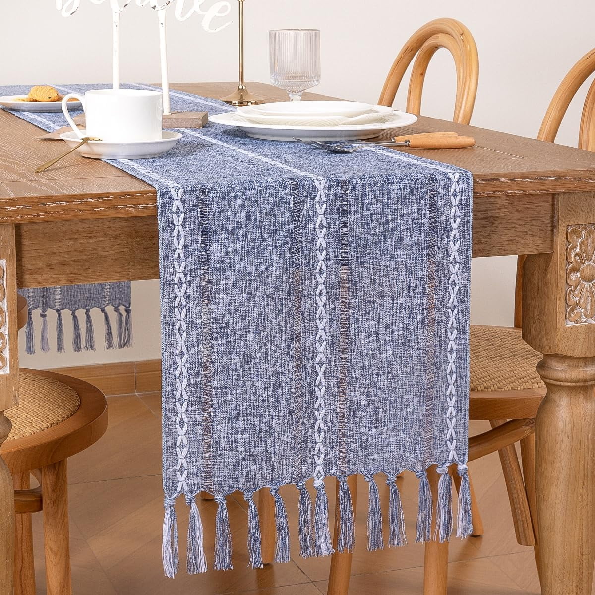 1 Piece 13x108 Inch Farmhouse Table Runner Macrame Woven Cotton Tassel ...