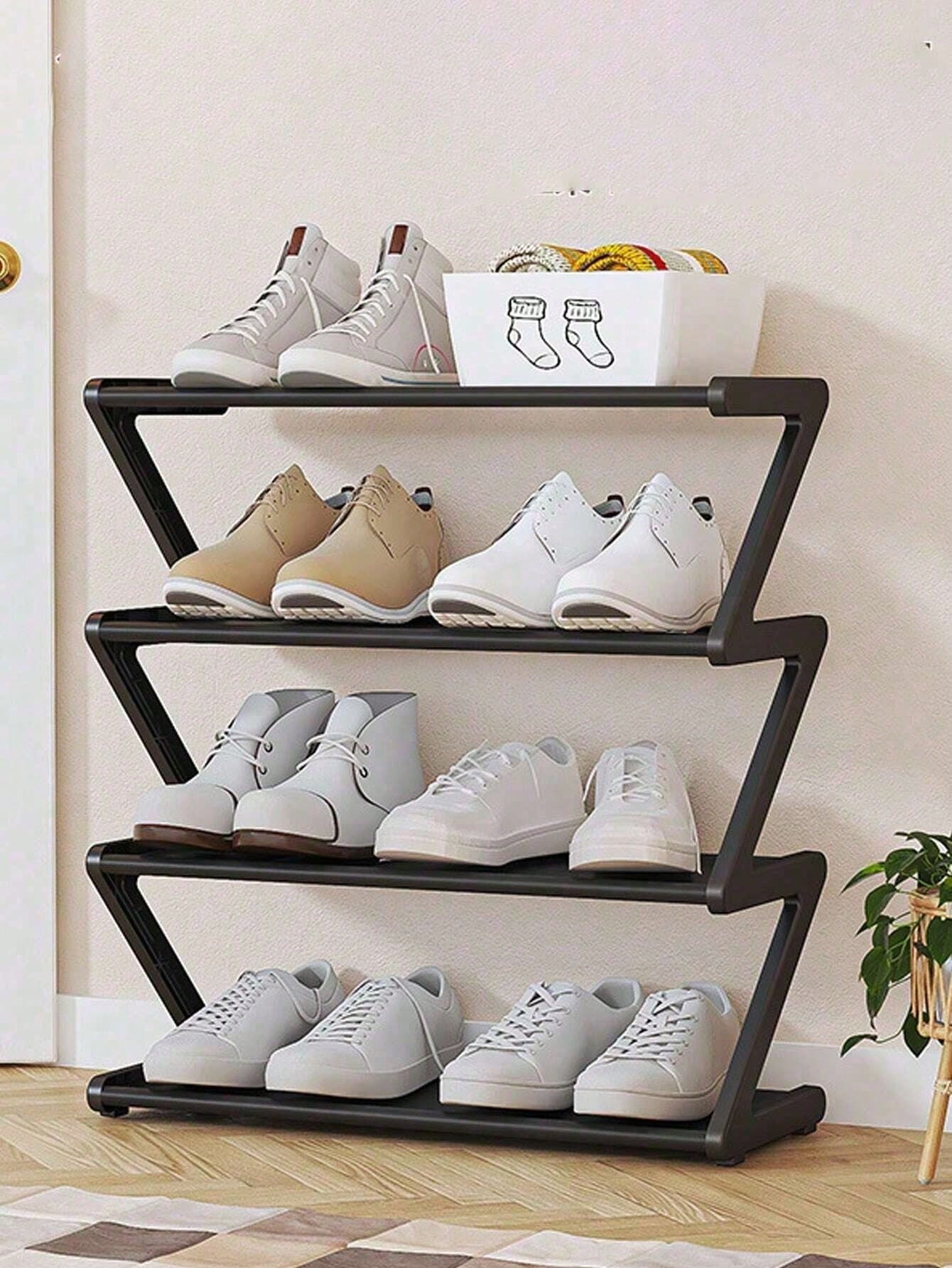 1 Piece 4-Tier Z-Shaped Pink And Black Shoe Rack, Shoe Storage ...
