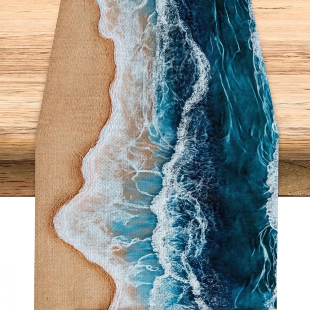 1 Piece Beach Theme Table Runner with Waves and Beach Patterns ...