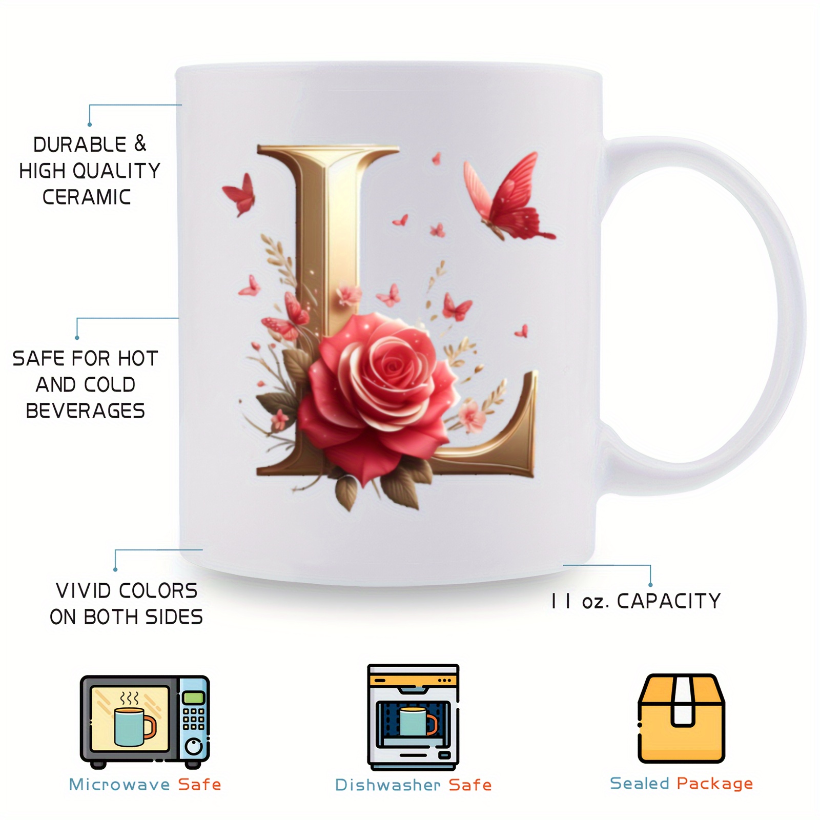 1 Piece Ceramic Coffee Cup, with Letter and Floral Design, 11 Ounces ...