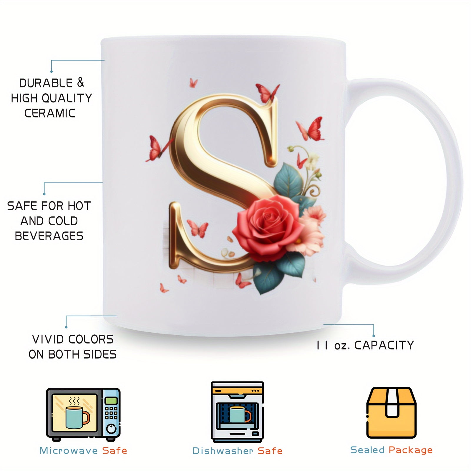 1 Piece Ceramic Coffee Cup, with Letter and Floral Design, 11 Ounces ...