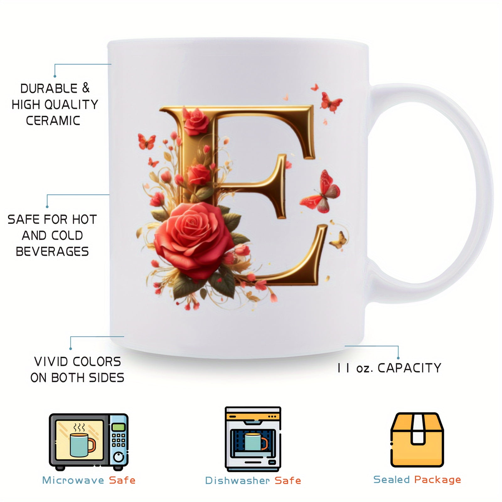 1 Piece Ceramic Coffee Cup, with Letter and Floral Design, 11 Ounces ...