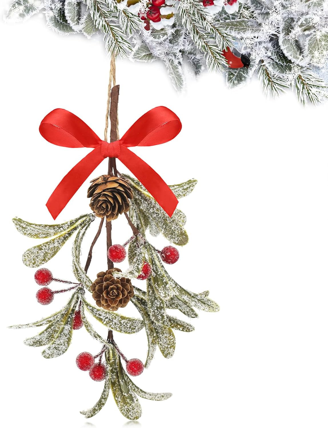 1 Piece Christmas Artificial Mistletoe Ornament with Red Bow Christmas ...