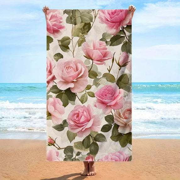 1 Piece Edelweiss Rose Beach Towel - Authentic Pink and Green Floral ...
