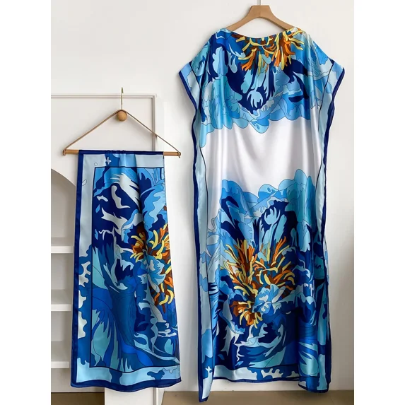 1 Piece Fashion Printed Robe Pullover Shawl moomoo Dress Long Wrap Silk ...