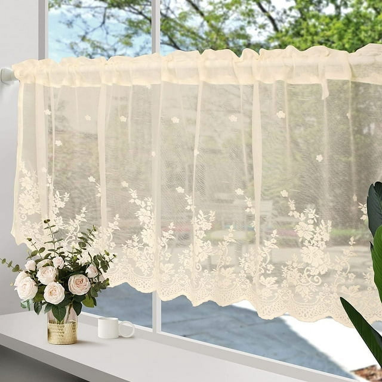 1 Piece Flower Valances Pastoral Embroidery Lace Valance Semi Sheer ...