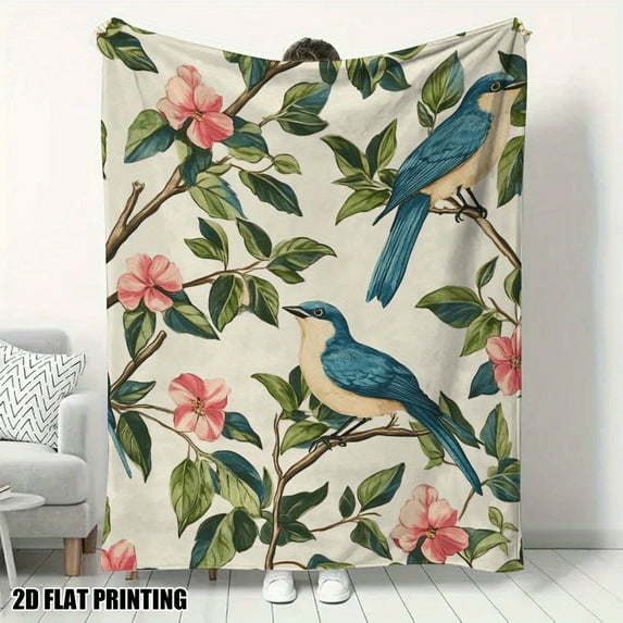 1 Piece Fluffy Spring Bird Pattern Flannel Blanket - Comfortable ...