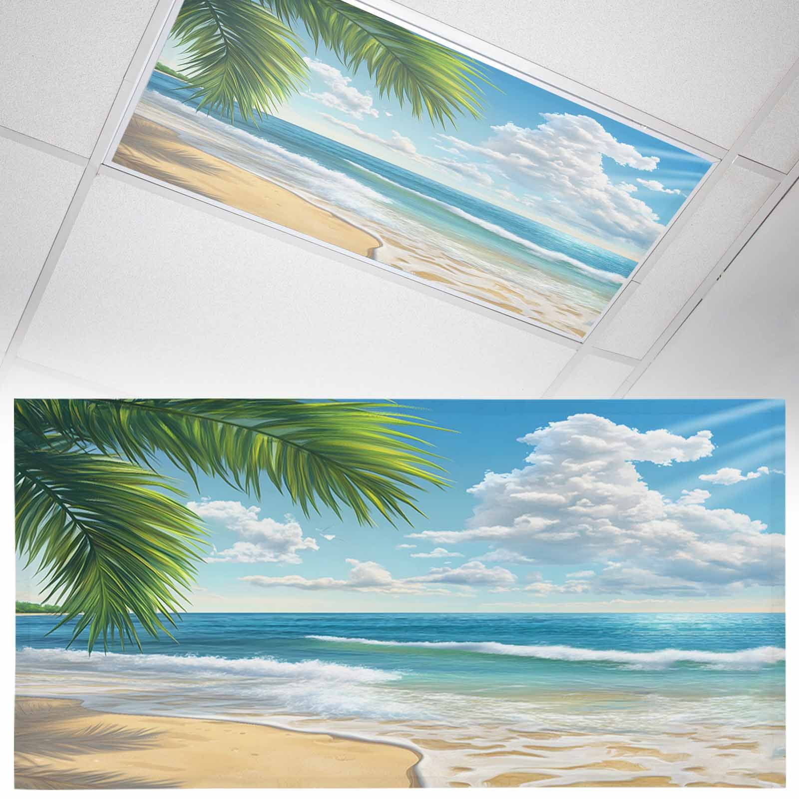 1 Piece Magnetic Fluorescent Light Covers, 2x4 Ft,Beach Scenery Tropical Plants Palm Trees Blue ...