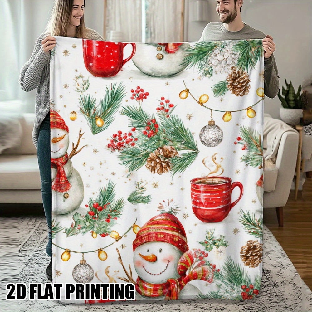 1 Piece Modern Christmas Snowman & Printed Flannel Blanket Red ...