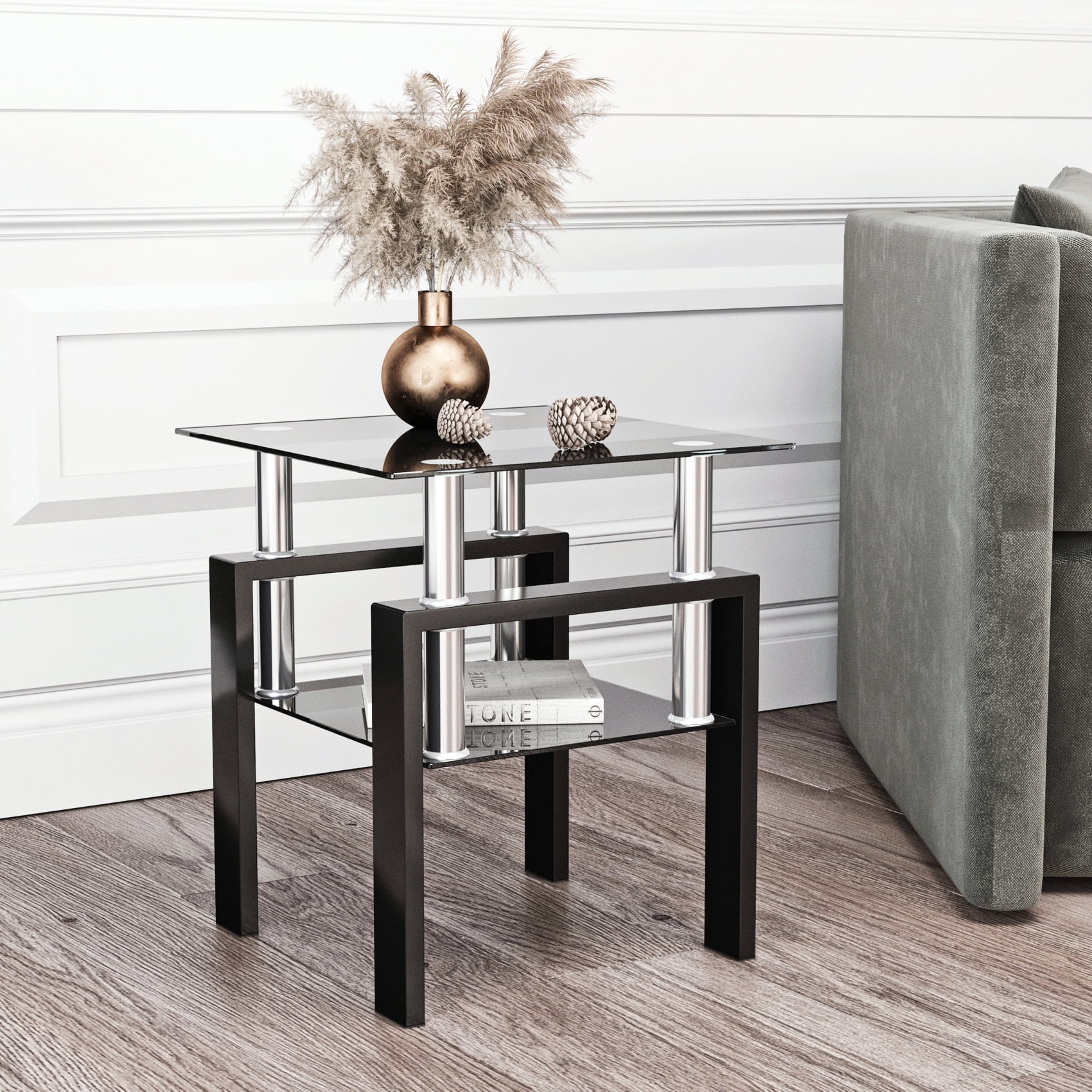 1-Piece Modern Glass End Table, Square Coffee Table, Sofa Side Table ...