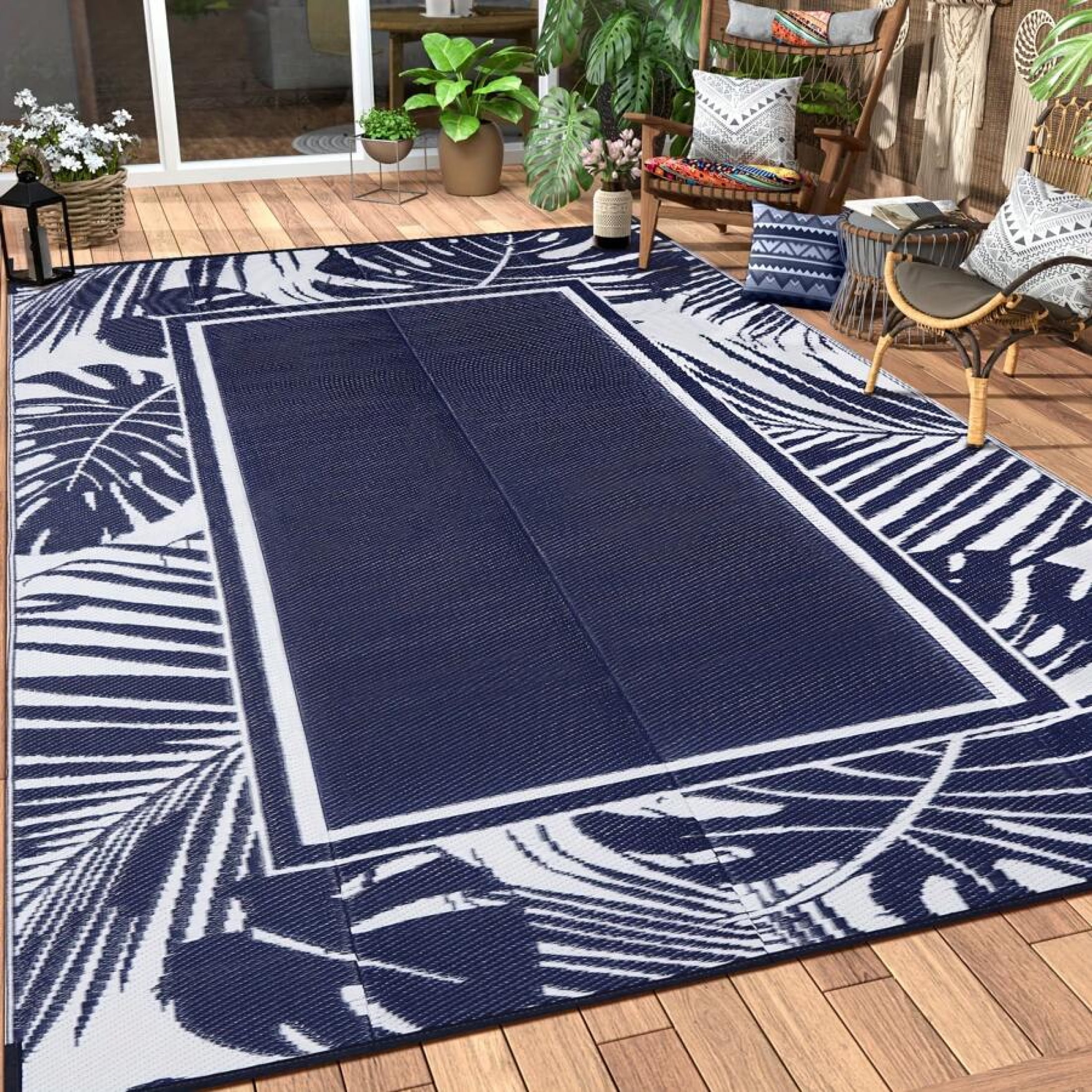 1 - Piece Outdoor Plastic Straw Rug - Waterproof, Reversible, Navy Blue ...