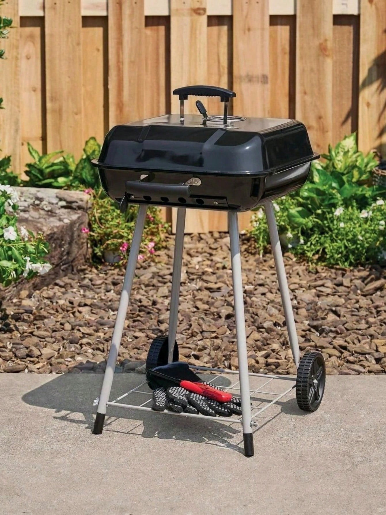 1 Piece Porcelain - Coated Steel Charcoal Grill - Square 17.5", Wheels ...