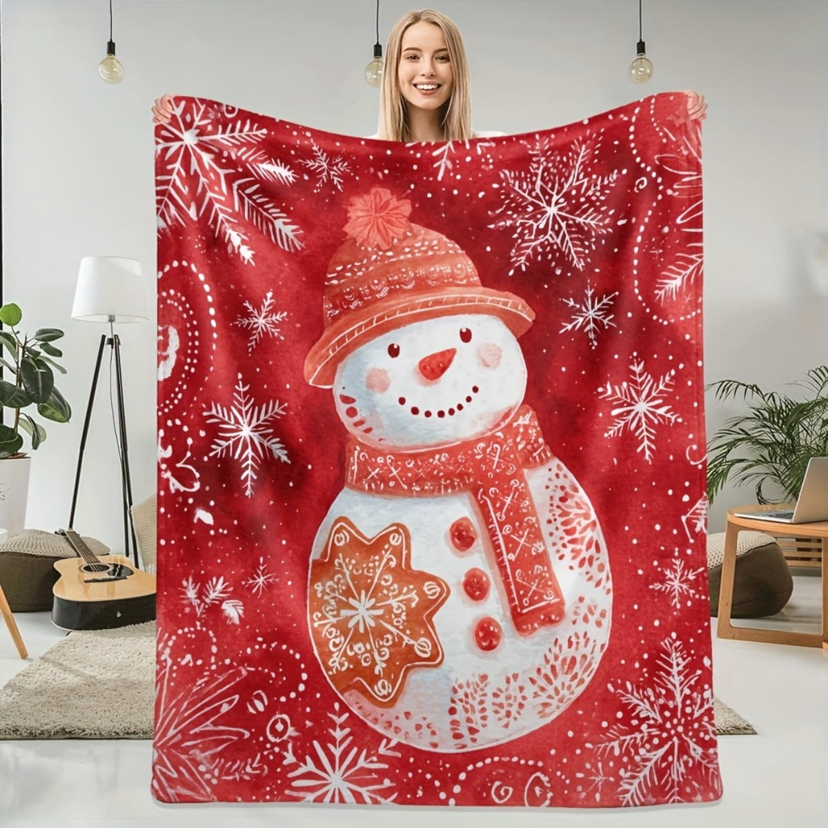 1 Piece Red Snowman and Snowflake Flannel Blanket - Soft and ...