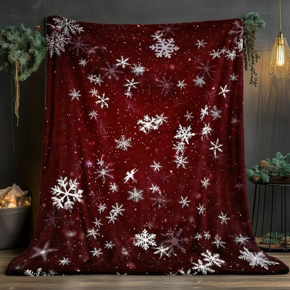 1 Piece Red Wine Red White Snowflake Flannel Blanket Soft Warm Four Seasons Large Thick plaid ...