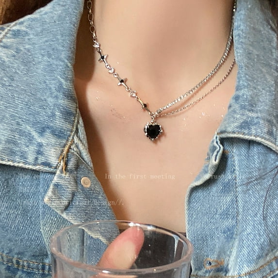 1 Piece Silver Tone Layered Necklace with Black Heart Pendant and Star ...