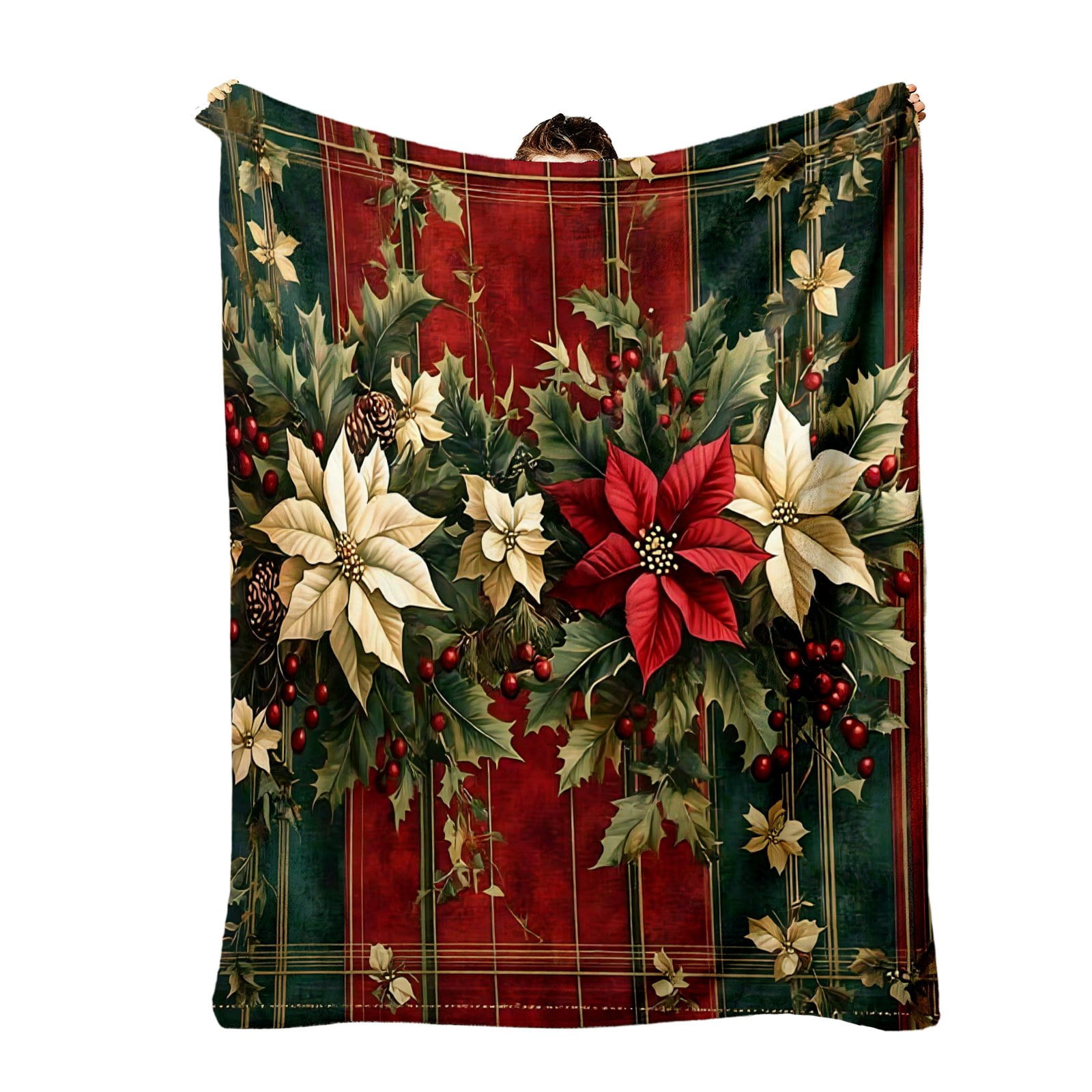 1 Piece Soft Flannel Blanket - Red and Green Plaid Print with Christmas ...