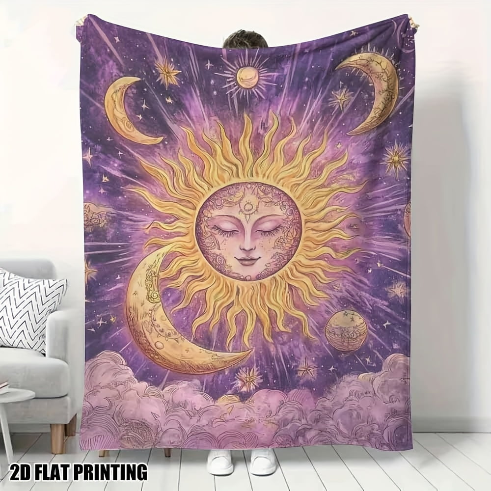 1 Piece Soft Flannel Starry Sky Sun Moon Blanket - Purple Pink Gold ...