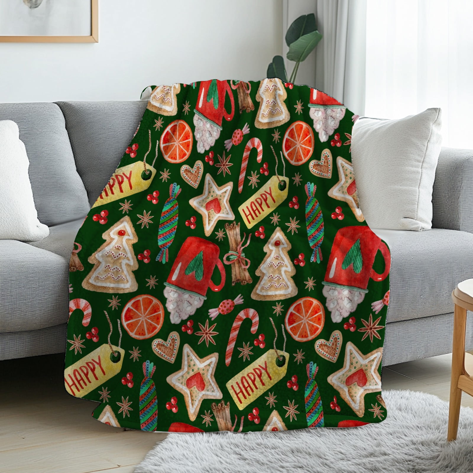 1 Piece Soft and Warm Flannel Blanket with Gingerbread, Candy Cane, and ...
