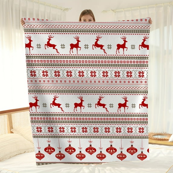 1 Piece Soft and Warm Flannel Blanket - Red and White Elk Forest Print ...