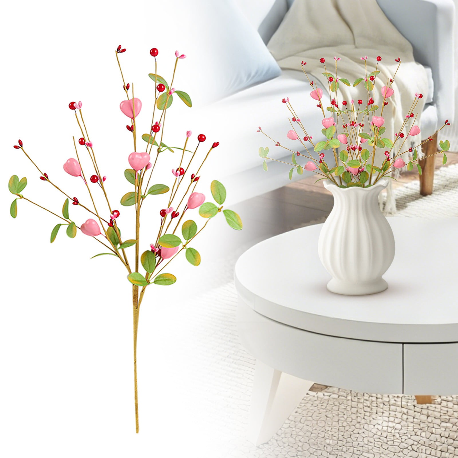 1 Piece Valentine Heart Berry Stem 45cm, Pink Heart Flower Stem with ...