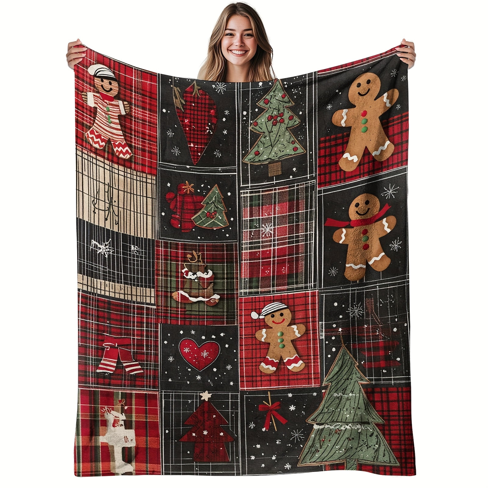 1 Piece Vintage Gingerbread Man and Pine Tree Plaid Throw Blanket ...