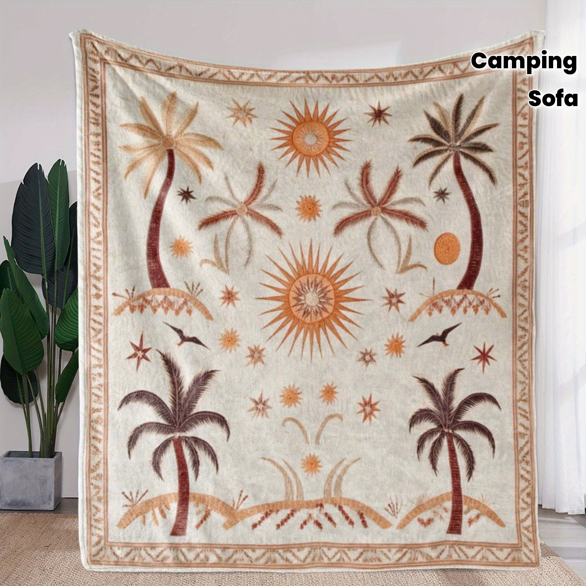 1 Piece Vintage Tropical Palm Tree and Sun Print Flannel Blanket - All ...