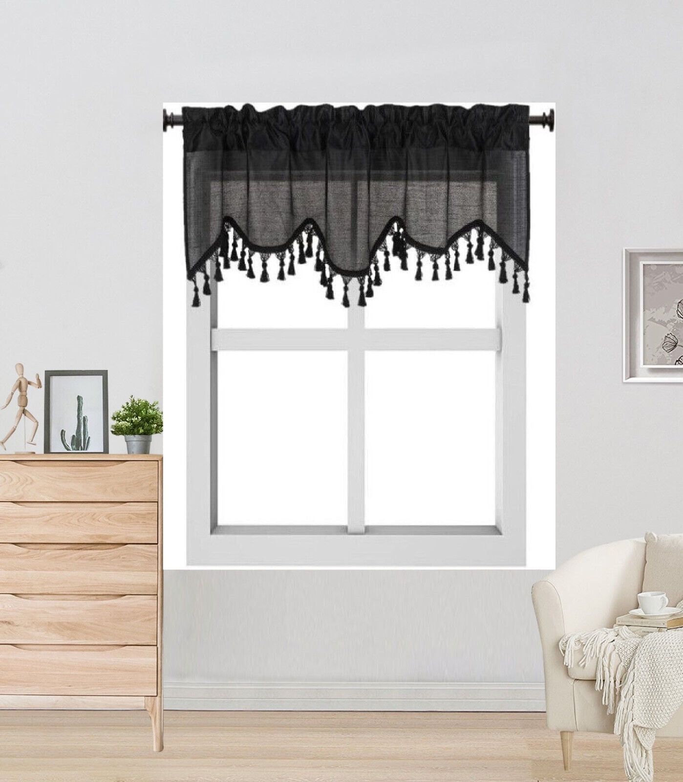 1-Piece Wave Valance with Bead-Trim Tassels, Semi-Sheer Light-Filtering ...