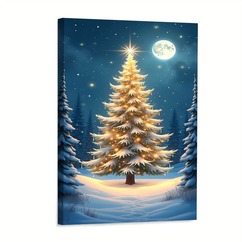 1 Piece Winter Night Sky Canvas Painting - Snow Scene Christmas Tree ...