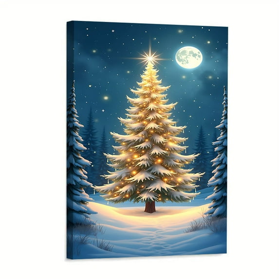 1 Piece Winter Night Sky Canvas Painting - Snow Scene Christmas Tree ...