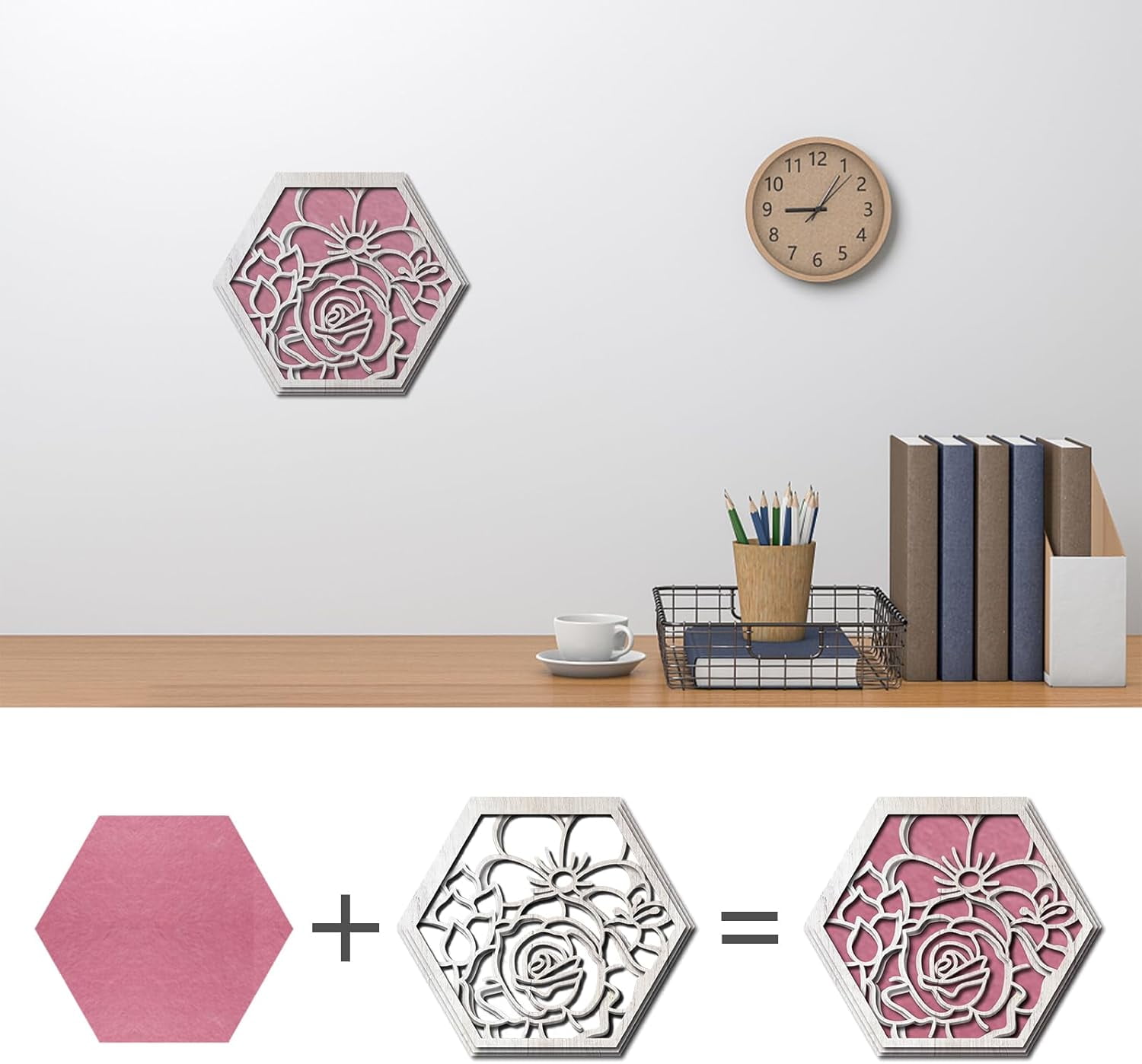 1 Pieces Hexagonal Wood Sound Diffuser Rose Floral Shape Acoustic Design Pink Felt Decorative ...