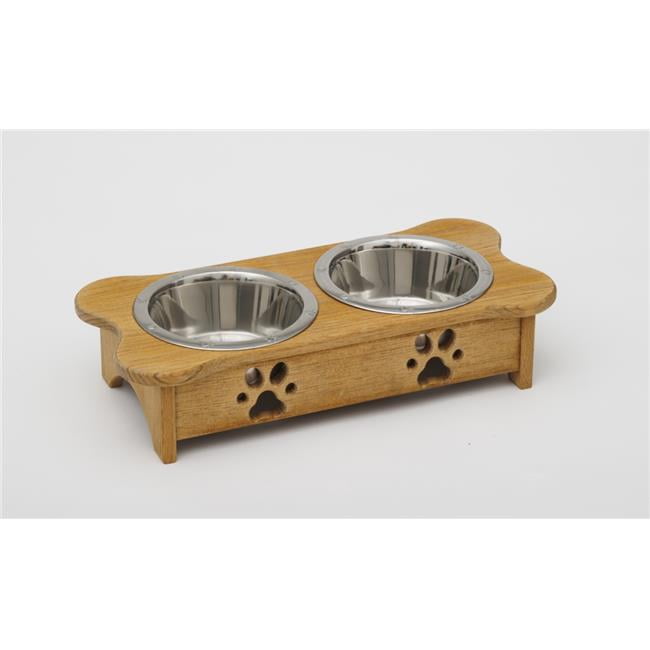 1 Pint 5.25 in. Tall High Double Pine Wood Dog Bowl with 2 Stainless ...