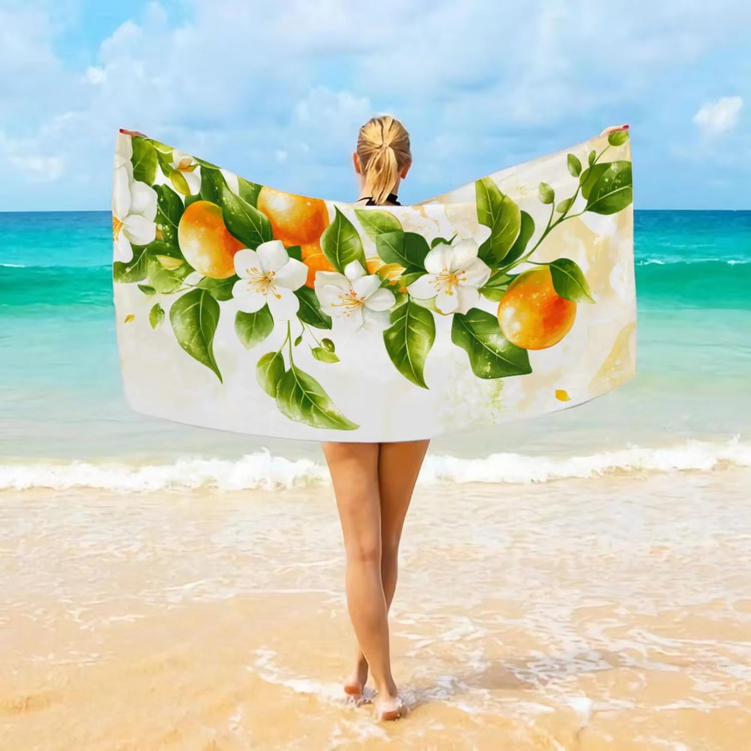 1 Quick Dry Microfiber Beach Towel with Bright Orange and White Flowers ...