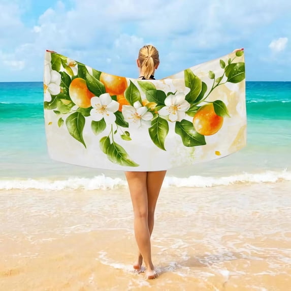 1 Quick Dry Microfiber Beach Towel with Bright Orange and White Flowers ...