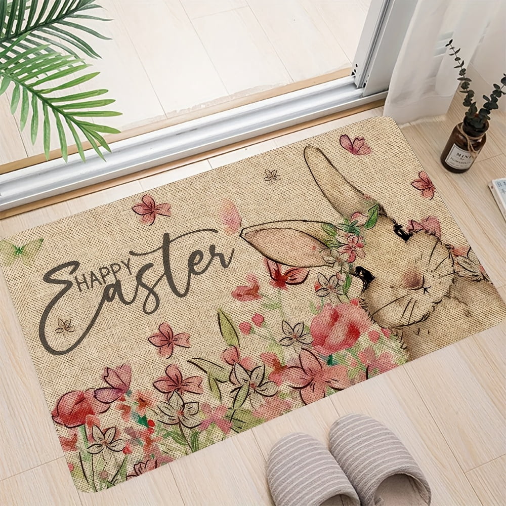 -1 Rabbit Floral Easter Polyester Flannel Washable Doormat, Stylish ...